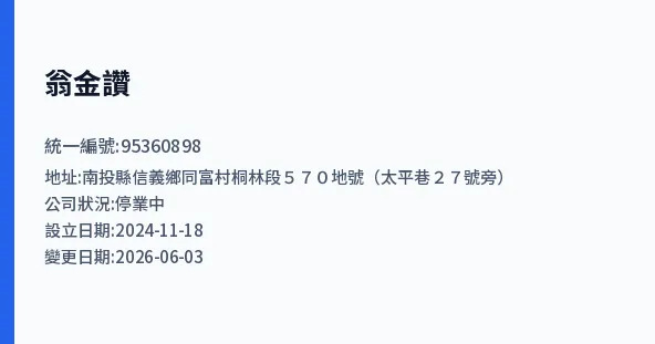 翁金讚的照片-統編 95360898(南投縣) 公司登記資料與營業項目詳細圖表