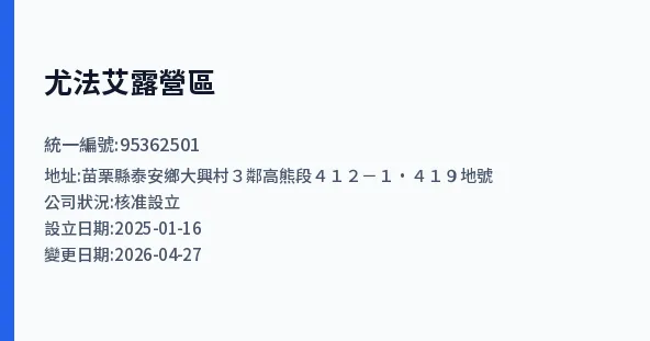 尤法艾露營區的照片-統編 95362501(苗栗縣) 公司登記資料與營業項目詳細圖表