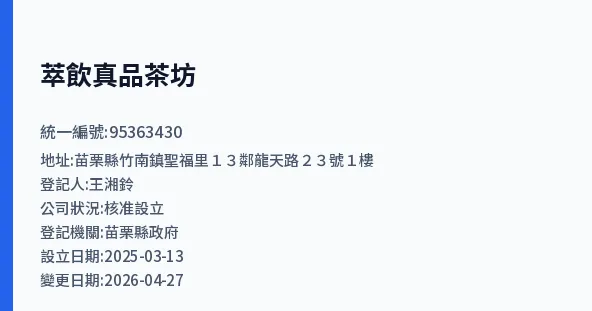 萃飲真品茶坊的照片-統編 95363430(苗栗縣) 公司登記資料與營業項目詳細圖表