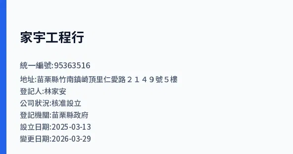 家宇工程行的照片-統編 95363516(苗栗縣) 公司登記資料與營業項目詳細圖表