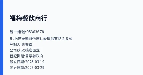 福梅餐飲商行的照片-統編 95363678(苗栗縣) 公司登記資料與營業項目詳細圖表