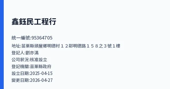 鑫鈺民工程行的照片-統編 95364705(苗栗縣) 公司登記資料與營業項目詳細圖表