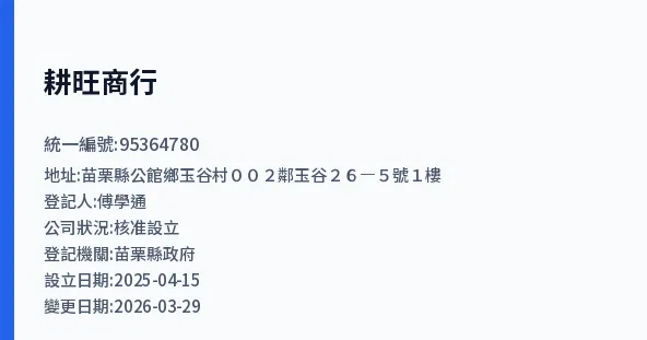 耕旺商行的照片-統編 95364780(苗栗縣) 公司登記資料與營業項目詳細圖表