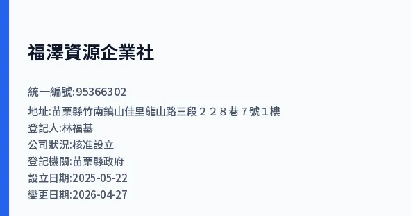 福澤資源企業社的照片-統編 95366302(苗栗縣) 公司登記資料與營業項目詳細圖表