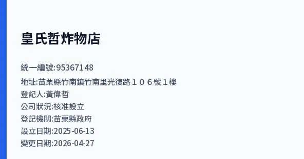皇氏哲炸物店的照片-統編 95367148(苗栗縣) 公司登記資料與營業項目詳細圖表