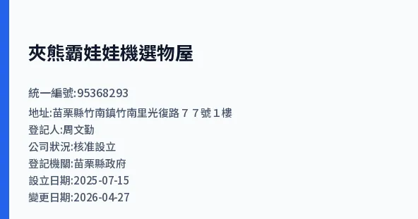 夾熊霸娃娃機選物屋的照片-統編 95368293(苗栗縣) 公司登記資料與營業項目詳細圖表