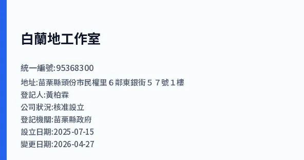 白蘭地工作室的照片-統編 95368300(苗栗縣) 公司登記資料與營業項目詳細圖表