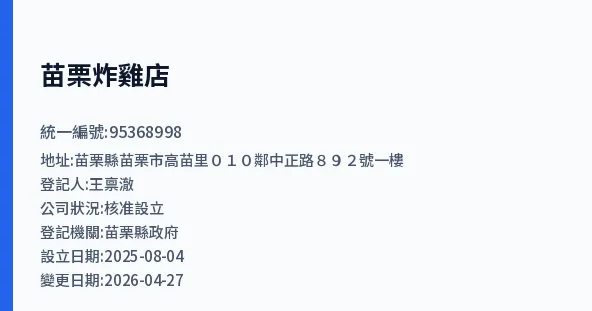 苗栗炸雞店的照片-統編 95368998(苗栗縣) 公司登記資料與營業項目詳細圖表