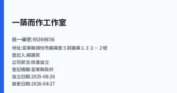 一築而作工作室的照片-統編 95369856(苗栗縣) 公司登記資料與營業項目詳細圖表