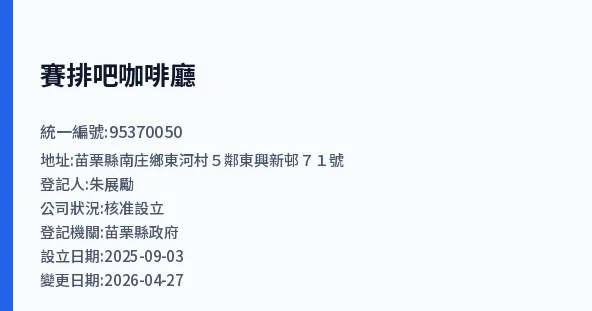 賽排吧咖啡廳的照片-統編 95370050(苗栗縣) 公司登記資料與營業項目詳細圖表