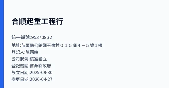 合順起重工程行的照片-統編 95370832(苗栗縣) 公司登記資料與營業項目詳細圖表