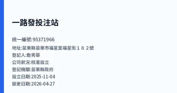 一路發投注站的照片-統編 95371966(苗栗縣) 公司登記資料與營業項目詳細圖表