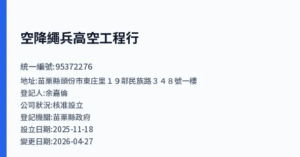 空降繩兵高空工程行的照片-統編 95372276(苗栗縣) 公司登記資料與營業項目詳細圖表