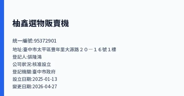 柚鑫選物販賣機的照片-統編 95372901(臺中市) 公司登記資料與營業項目詳細圖表