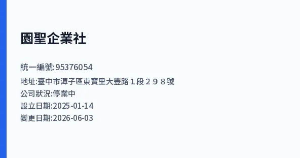 園聖企業社的照片-統編 95376054(臺中市) 公司登記資料與營業項目詳細圖表