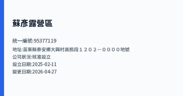 蘇彥露營區的照片-統編 95377119(苗栗縣) 公司登記資料與營業項目詳細圖表