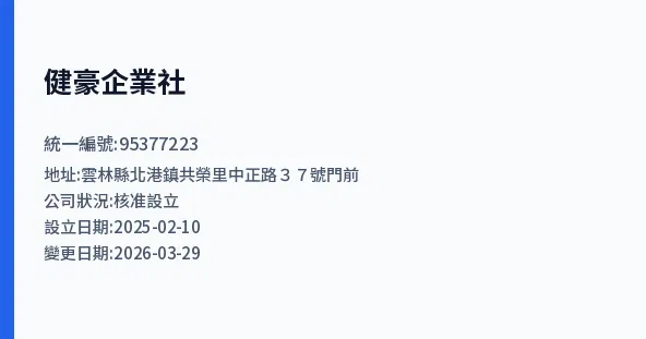 健豪企業社的照片-統編 95377223(雲林縣) 公司登記資料與營業項目詳細圖表