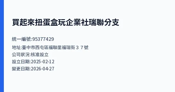 買起來扭蛋盒玩企業社瑞聯分支的照片-統編 95377429(臺中市) 公司登記資料與營業項目詳細圖表