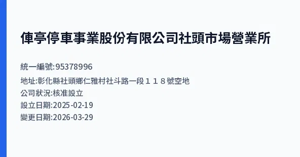 俥亭停車事業股份有限公司社頭市場營業所的照片-統編 95378996(彰化縣) 公司登記資料與營業項目詳細圖表
