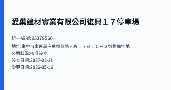 愛巢建材實業有限公司復興17停車場的照片-統編 95379566(臺中市) 公司登記資料與營業項目詳細圖表
