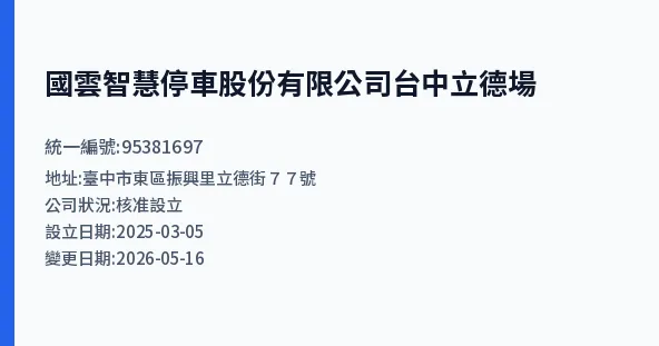國雲智慧停車股份有限公司台中立德場的照片-統編 95381697(臺中市) 公司登記資料與營業項目詳細圖表