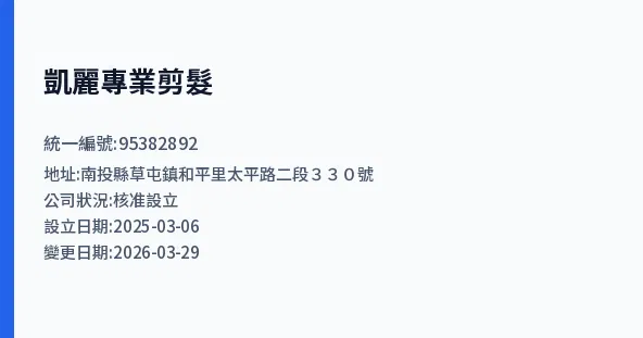 凱麗專業剪髮的照片-統編 95382892(南投縣) 公司登記資料與營業項目詳細圖表