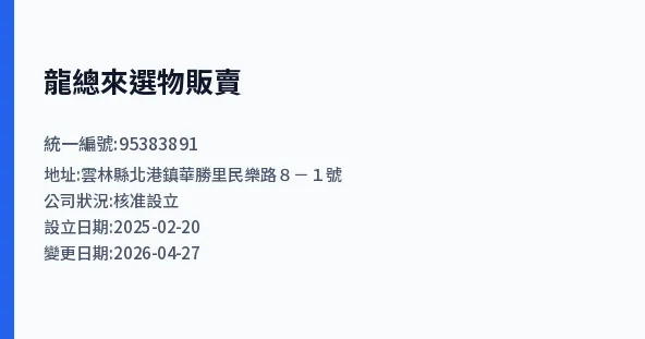龍總來選物販賣的照片-統編 95383891(雲林縣) 公司登記資料與營業項目詳細圖表