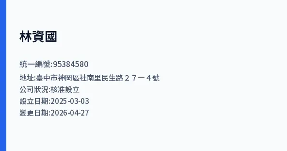 林資國的照片-統編 95384580(臺中市) 公司登記資料與營業項目詳細圖表