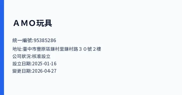 AMO玩具的照片-統編 95385286(臺中市) 公司登記資料與營業項目詳細圖表