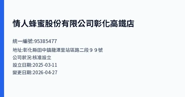 情人蜂蜜股份有限公司彰化高鐵店的照片-統編 95385477(彰化縣) 公司登記資料與營業項目詳細圖表