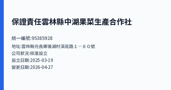 保證責任雲林縣中湖果菜生產合作社的照片-統編 95385928(雲林縣) 公司登記資料與營業項目詳細圖表
