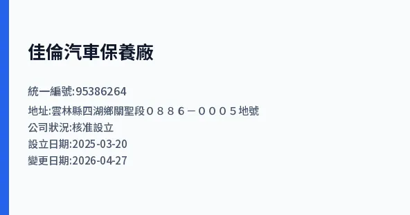 佳倫汽車保養廠的照片-統編 95386264(雲林縣) 公司登記資料與營業項目詳細圖表