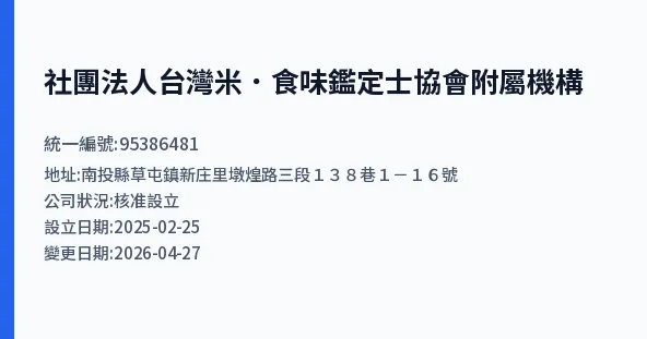 社團法人台灣米.食味鑑定士協會附屬機構的照片-統編 95386481(南投縣) 公司登記資料與營業項目詳細圖表