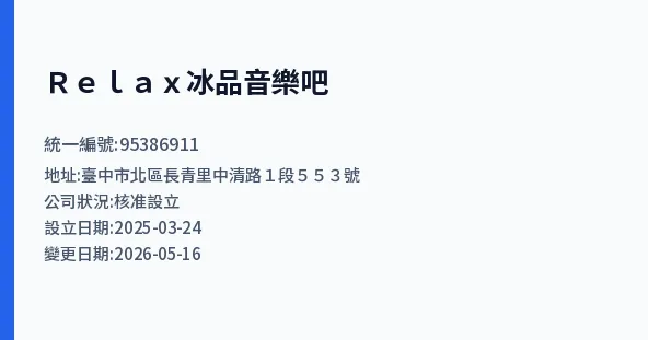 Relax冰品音樂吧的照片-統編 95386911(臺中市) 公司登記資料與營業項目詳細圖表