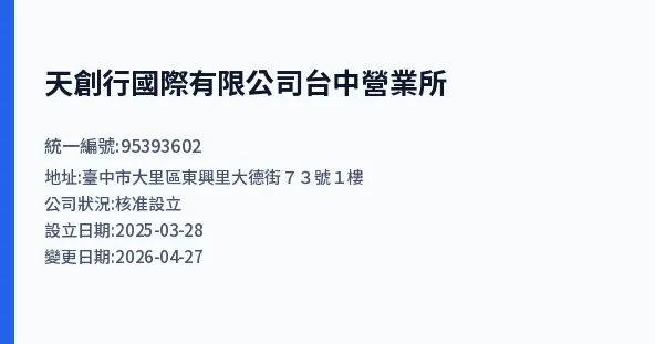 天創行國際有限公司台中營業所的照片-統編 95393602(臺中市) 公司登記資料與營業項目詳細圖表