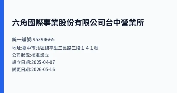 六角國際事業股份有限公司台中營業所的照片-統編 95394665(臺中市) 公司登記資料與營業項目詳細圖表