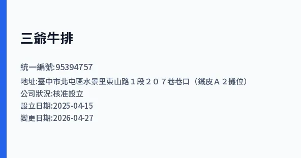 三爺牛排的照片-統編 95394757(臺中市) 公司登記資料與營業項目詳細圖表