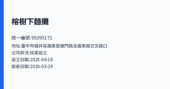 榕樹下麵攤的照片-統編 95395171(臺中市) 公司登記資料與營業項目詳細圖表