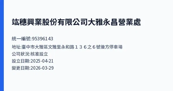 竑穗興業股份有限公司大雅永昌營業處的照片-統編 95396143(臺中市) 公司登記資料與營業項目詳細圖表