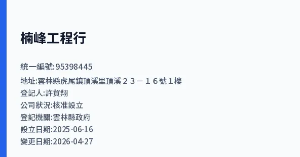 楠峰工程行的照片-統編 95398445(雲林縣) 公司登記資料與營業項目詳細圖表