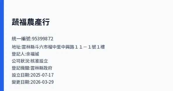 蔬福農產行的照片-統編 95399872(雲林縣) 公司登記資料與營業項目詳細圖表