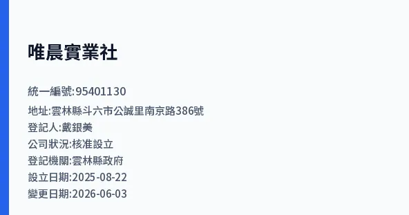 唯晨實業社的照片-統編 95401130(雲林縣) 公司登記資料與營業項目詳細圖表