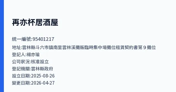再亦杯居酒屋的照片-統編 95401217(雲林縣) 公司登記資料與營業項目詳細圖表