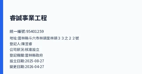 睿誠事業工程的照片-統編 95401259(雲林縣) 公司登記資料與營業項目詳細圖表