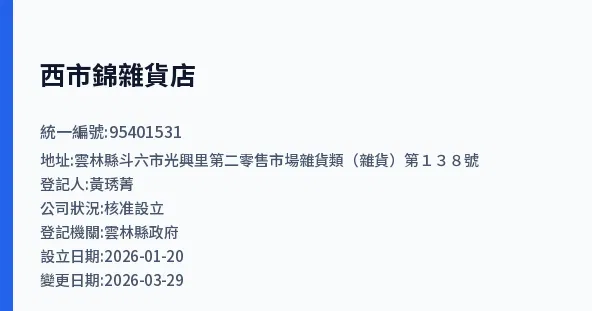 西市錦雜貨店的照片-統編 95401531(雲林縣) 公司登記資料與營業項目詳細圖表