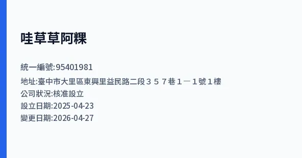 哇草草阿粿的照片-統編 95401981(臺中市) 公司登記資料與營業項目詳細圖表