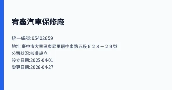 宥鑫汽車保修廠的照片-統編 95402659(臺中市) 公司登記資料與營業項目詳細圖表