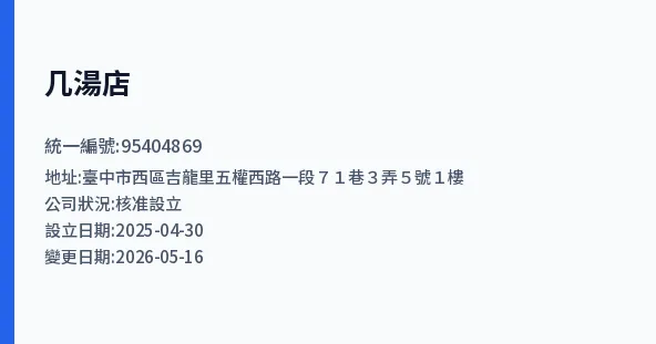 几湯店的照片-統編 95404869(臺中市) 公司登記資料與營業項目詳細圖表