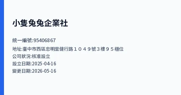 小隻兔兔企業社的照片-統編 95406867(臺中市) 公司登記資料與營業項目詳細圖表
