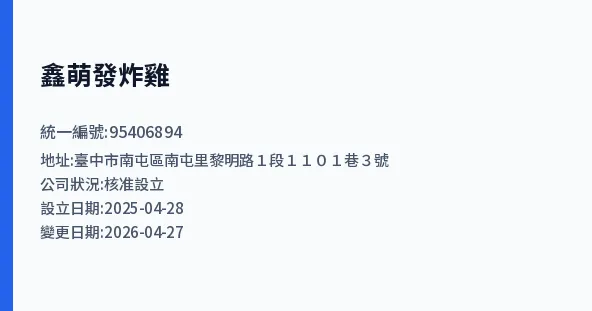 鑫萌發炸雞的照片-統編 95406894(臺中市) 公司登記資料與營業項目詳細圖表